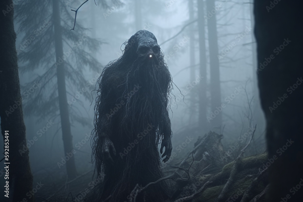 Fantasy concept. Mythical scary looking creature in dense with mist ...