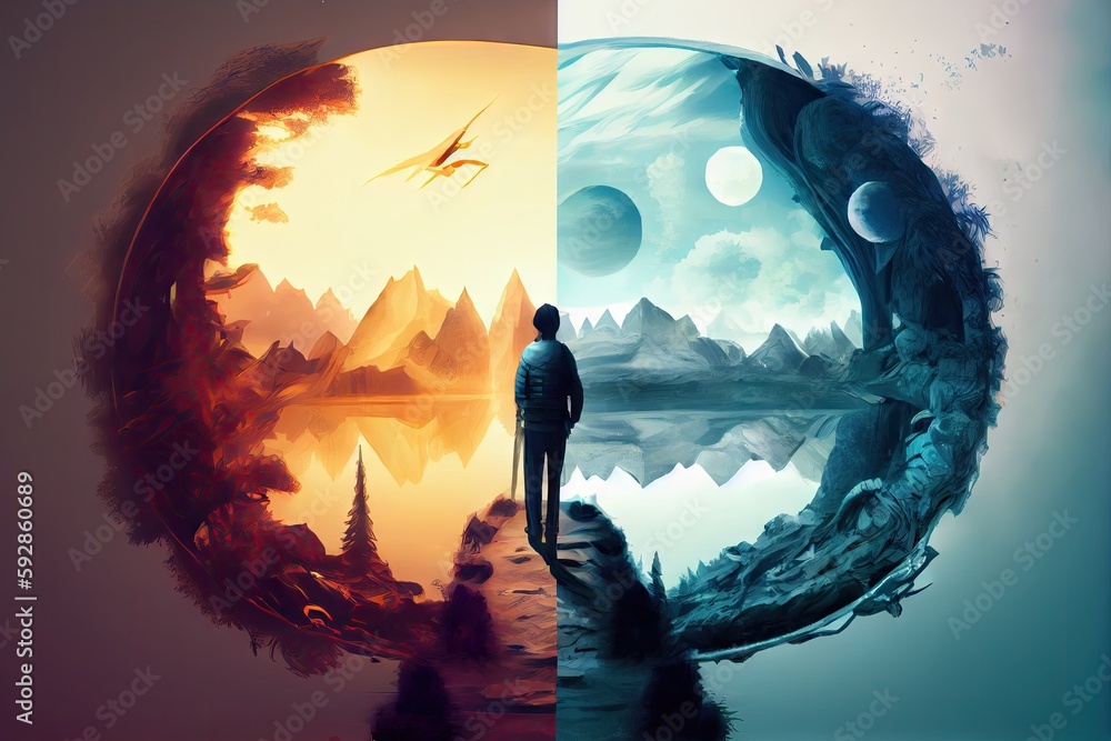 scene with characters of two different realities and worlds, where one ...