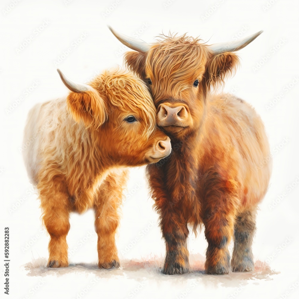 Watercolor Cute highland cow with best friends , two highland cows wall ...