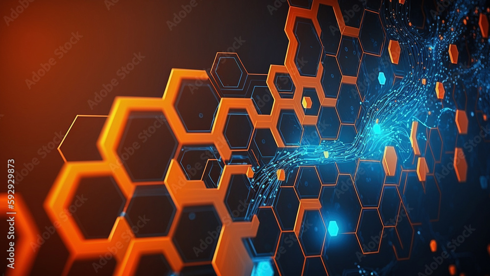 Digital technology banner orange and blue, cyber security, hexagonal ...