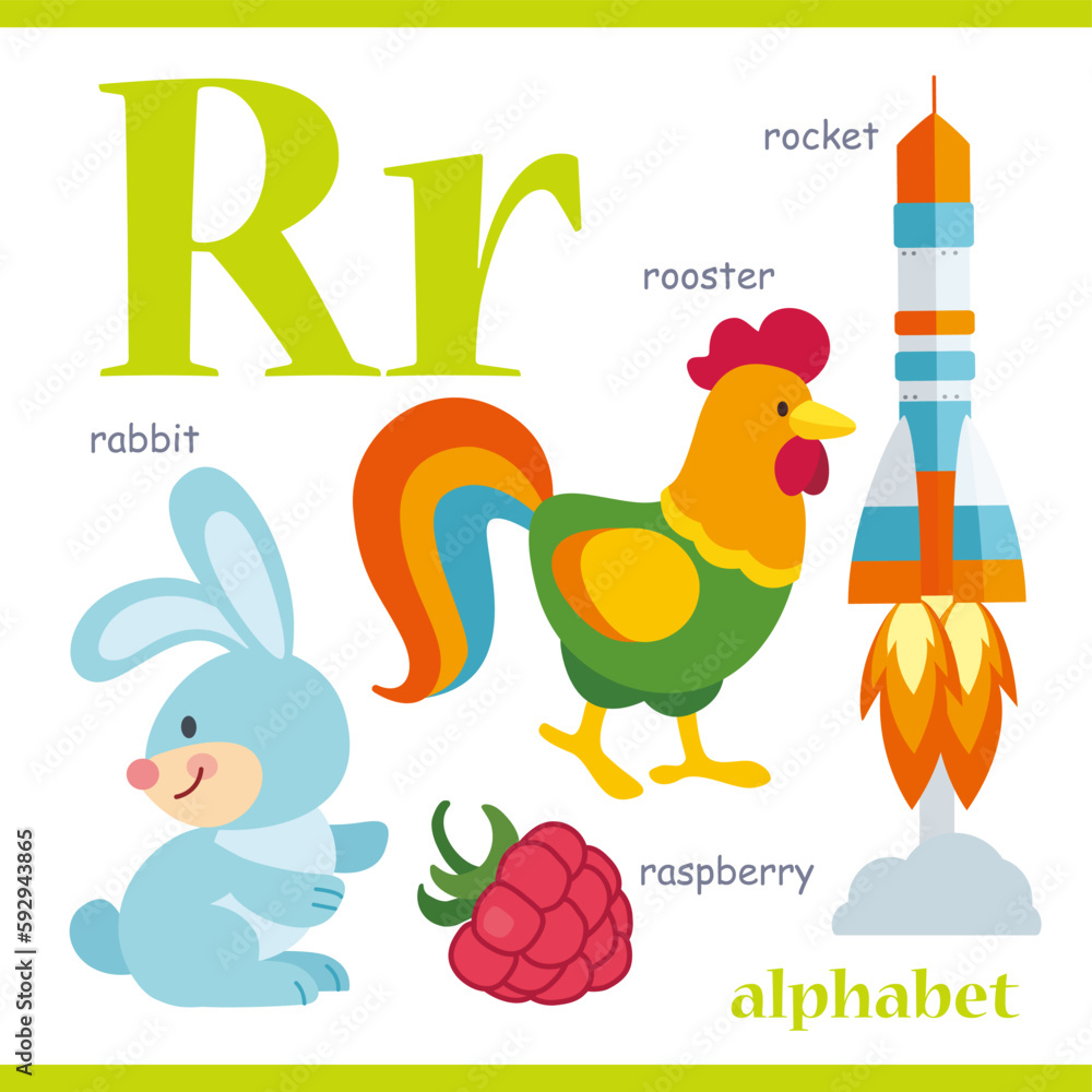 Alphabet letter R with cartoon vocabulary illustration: rabbit, rooster, rocket, raspberry. Cute ...