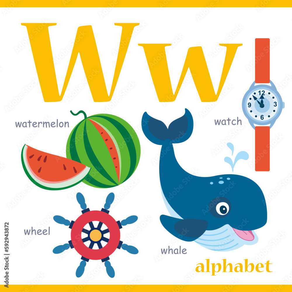 Alphabet letter W with cartoon vocabulary illustration: watermelon ...