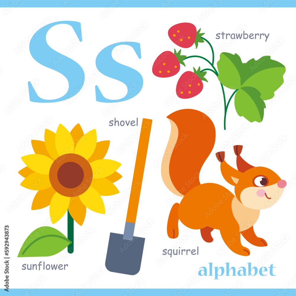 Alphabet letter S with cartoon vocabulary illustration: strawberry ...