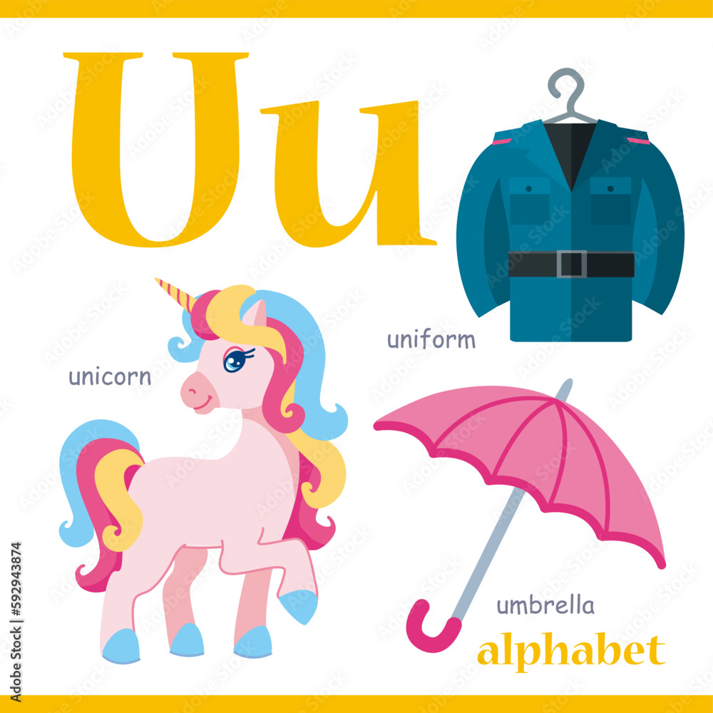 Alphabet letter U with cartoon vocabulary illustration: unicorn ...