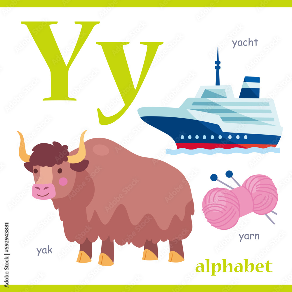 Alphabet letter Y with cartoon vocabulary illustration: yacht, yak ...