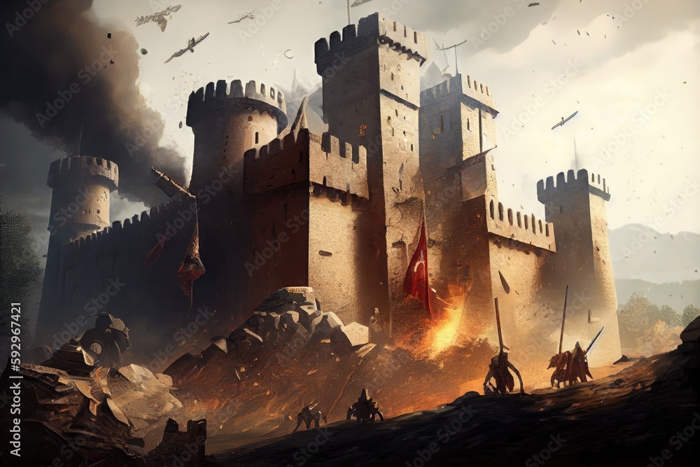 storming a castle with siege weaponry and battering rams, medieval ...