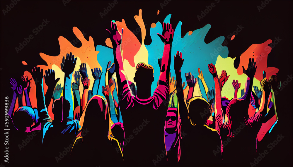 Group of people raising their hands in the air. Colorful Illustration ...