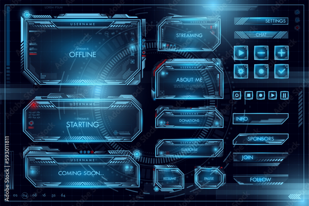 Vetor Game interface. Stream frames. Digital technology. Overlay gamer tags for twitch ...