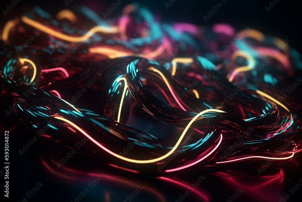 3d render, abstract neon background of twisted glowing lines. Neurolink ...