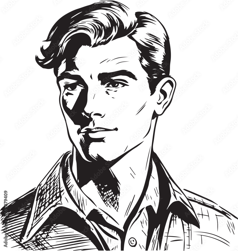 Vintage man 60s style young man . Retro comics black and white ink ...