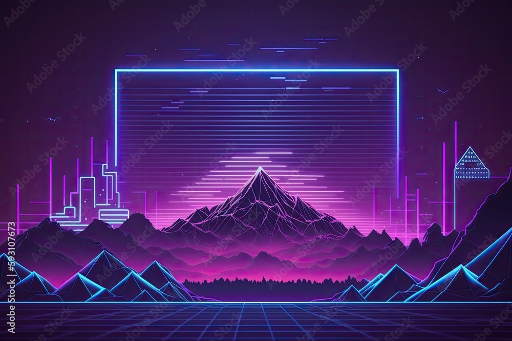 Blue sky and purple neon wireframe scenery. scene of cyberpunk. Cyberspace as an idea ...
