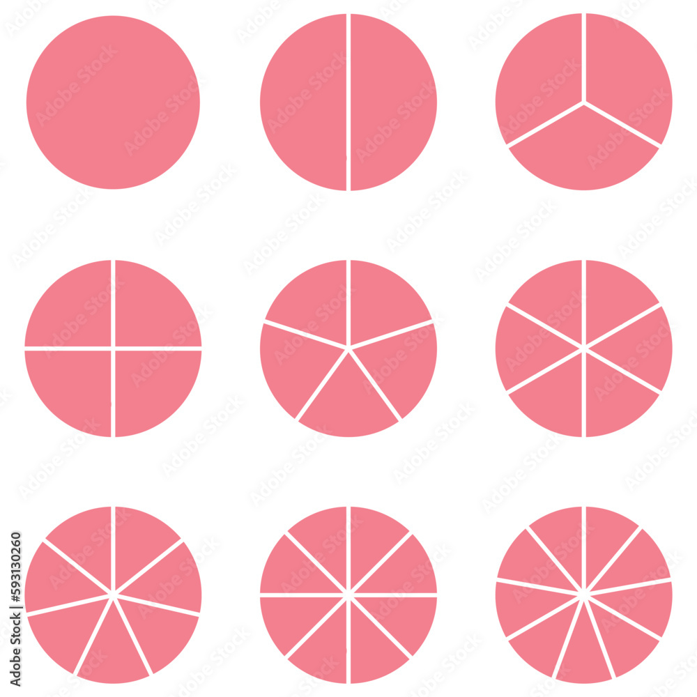 Set of fraction circles with same size. Fraction pie divided into ...