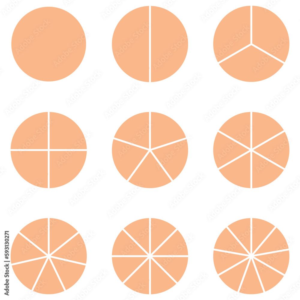 Set of fraction circles with same size. Fraction pie divided into ...