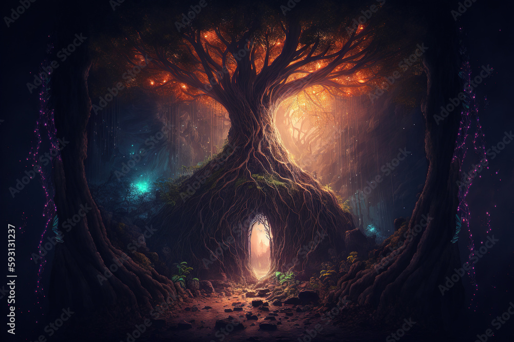 Sacred fantasy tree of life with afterlife portal gate leading to ...