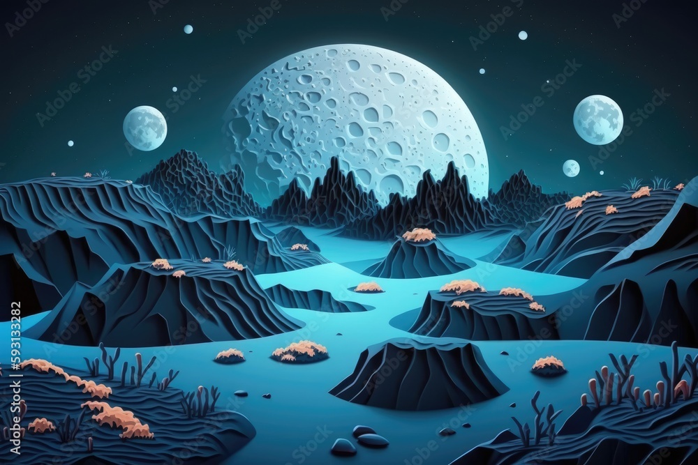 Cartoon Moon landscape with craters on a starry night, horizontally ...
