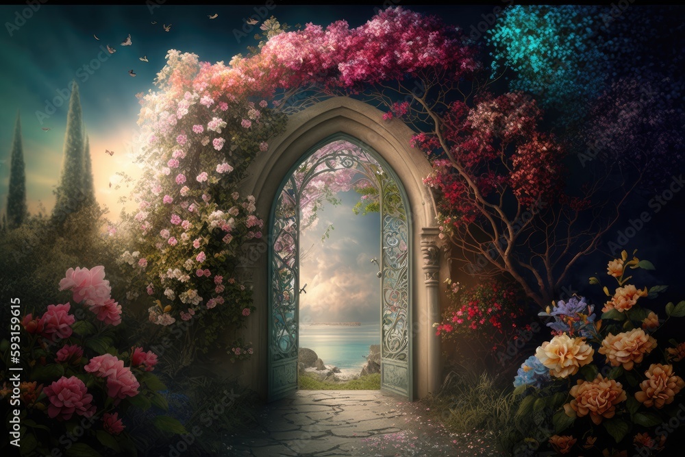 Stock-Illustration „heavenly garden, with colorful flowers and blooming ...