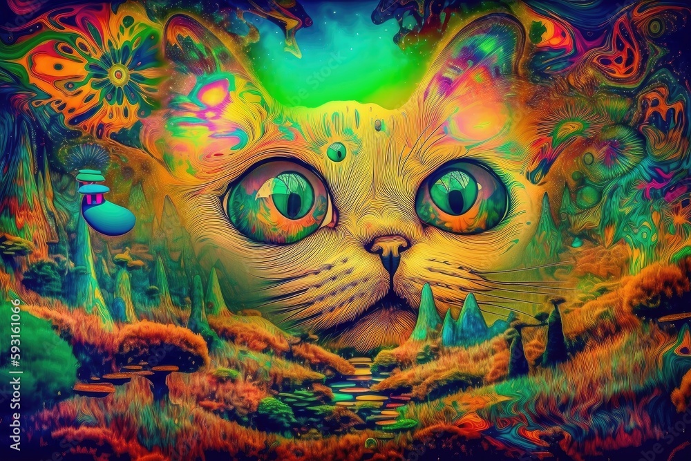 trippy cat, with its eyes rolling in the back of its head, floating ...