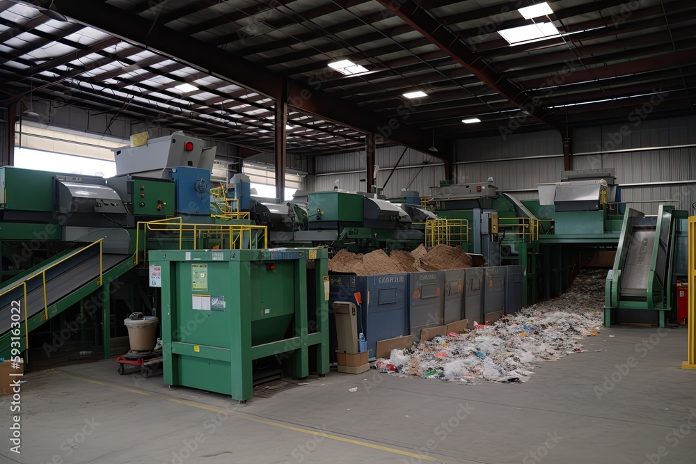 recycling center, with bins and machines for sorting different types of ...