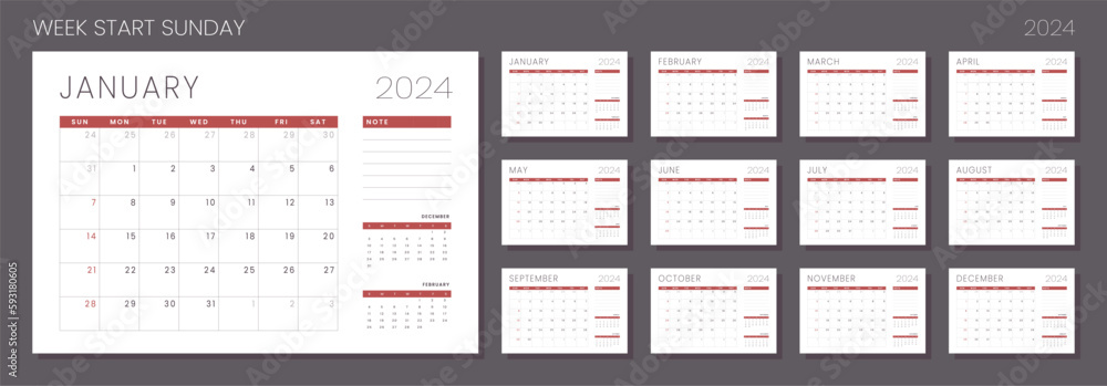 2024 Calendar Planner Template. Vector layout grid of a wall or desk ...