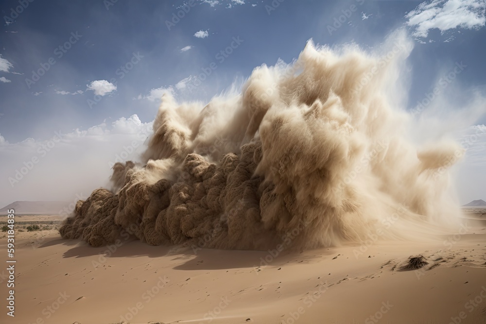 giant sand explosion in desert, with clouds of dust and debris flying through the air, created ...