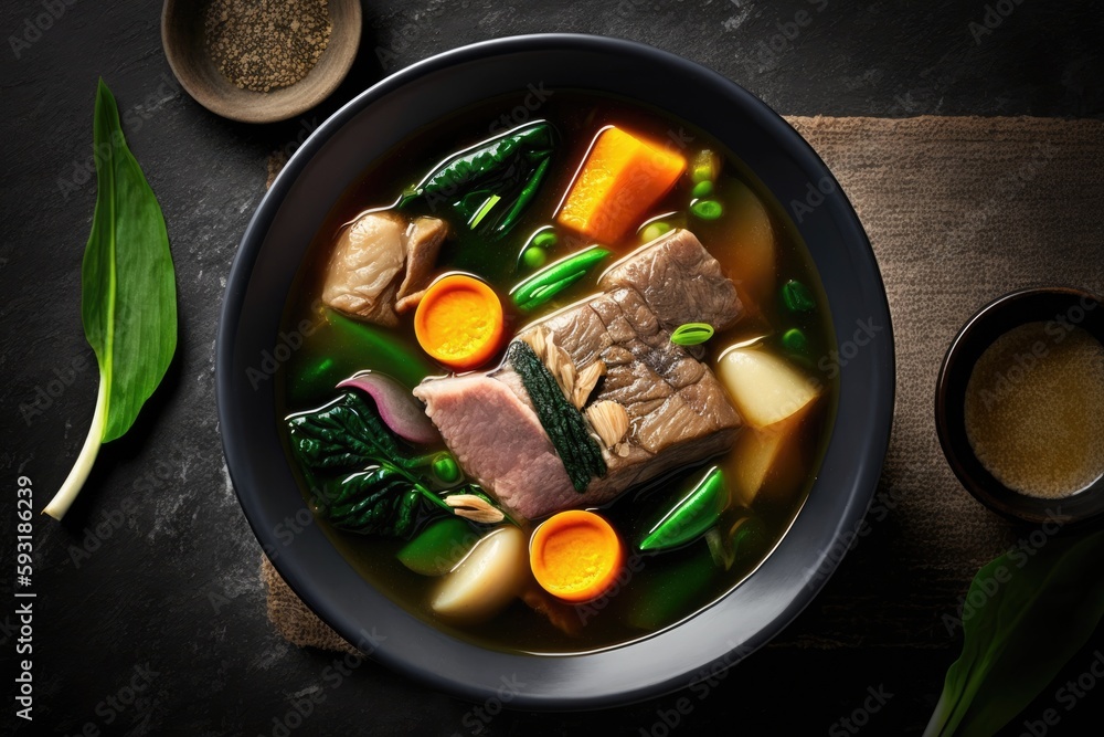 Black dish of Sinigang na Baboy, or Filipino Pork Meat Soup, against a ...