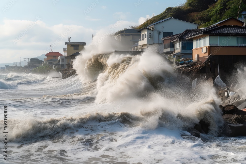 tsunami wave rolls onto shore, bringing with it debris and destruction ...