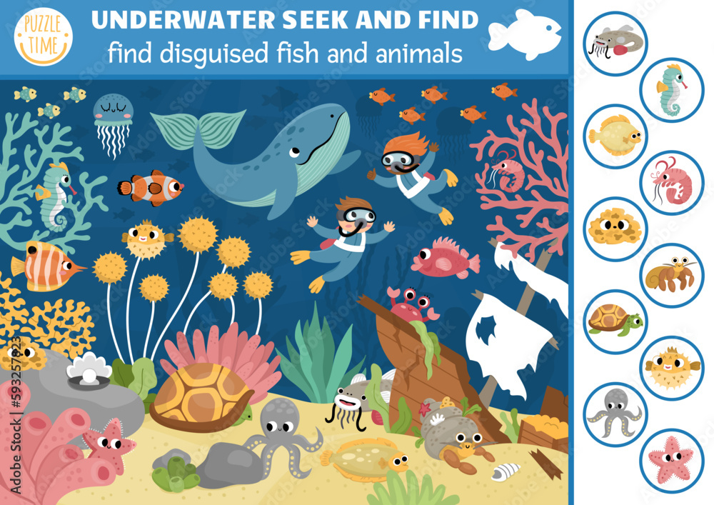Vector under the sea searching game with sea landscape, whale, divers ...