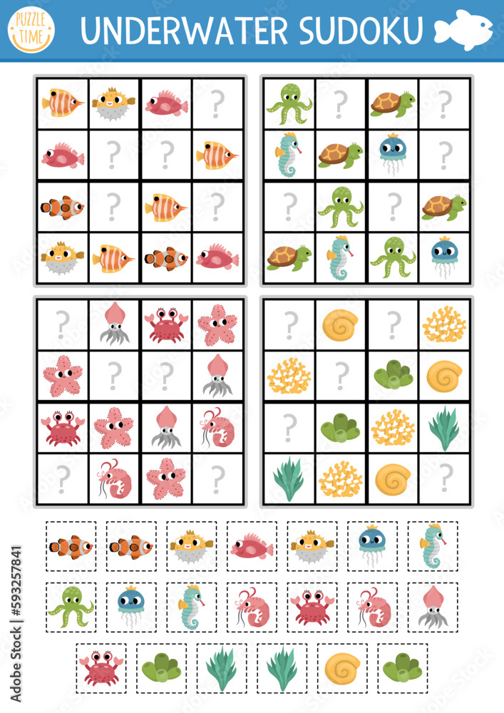Vector under the sea sudoku puzzle for kids with pictures. Simple ocean ...