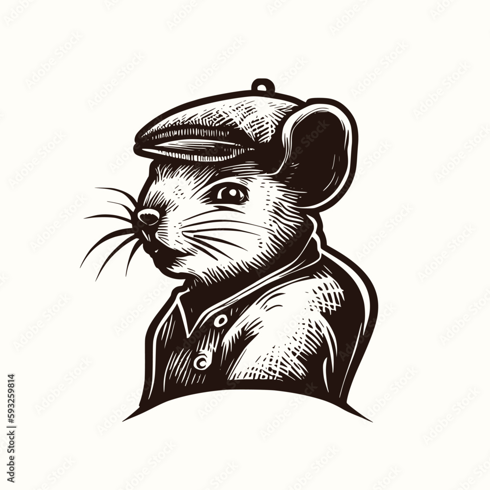 Vintage logo of a mouse wearing a flat cap. an old-school logo of ...