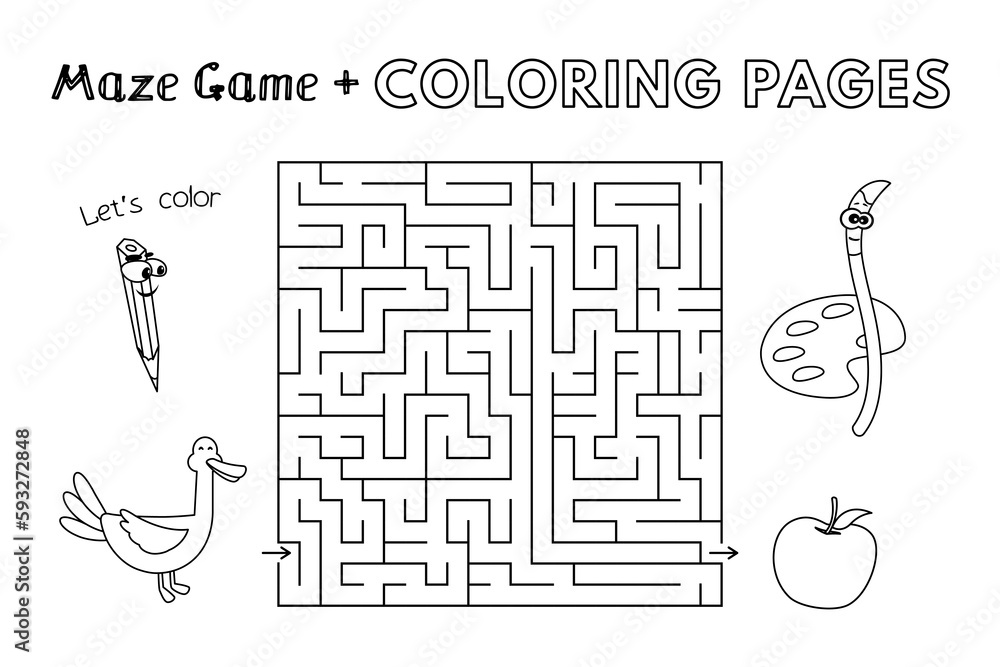 Vector de Stock Cartoon duck maze game. Vector coloring book pages for ...