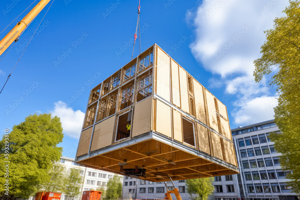 Wooden building module is raised by a crane and placed into the ...