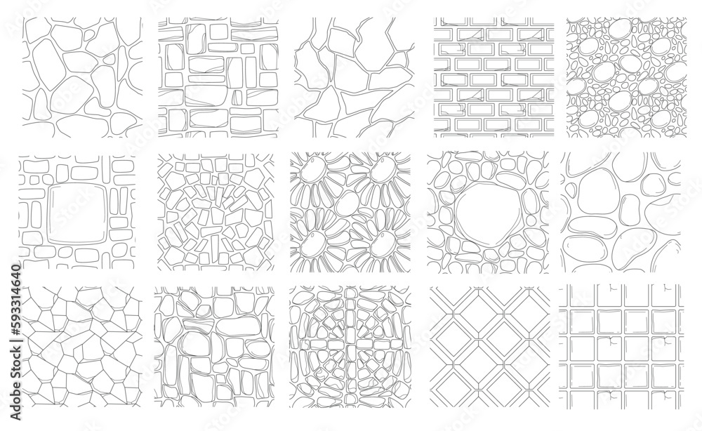 Set of hand drawing paving stone and brick textures. Outline seamless patterns of street ...