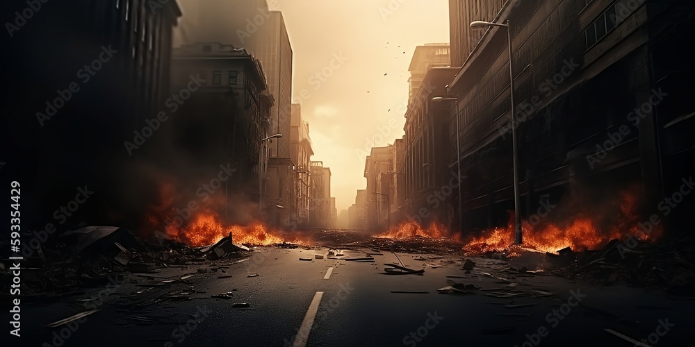 Burned out city street with no one on it, flames on the ground, and ...