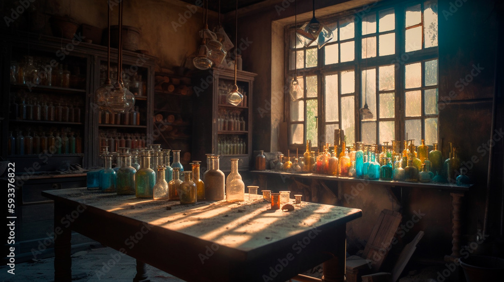 Ancient chemists laboratory with mysterious objects and experiments ...