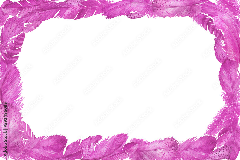Frame, template with different pink bird feathers in Boho style ...