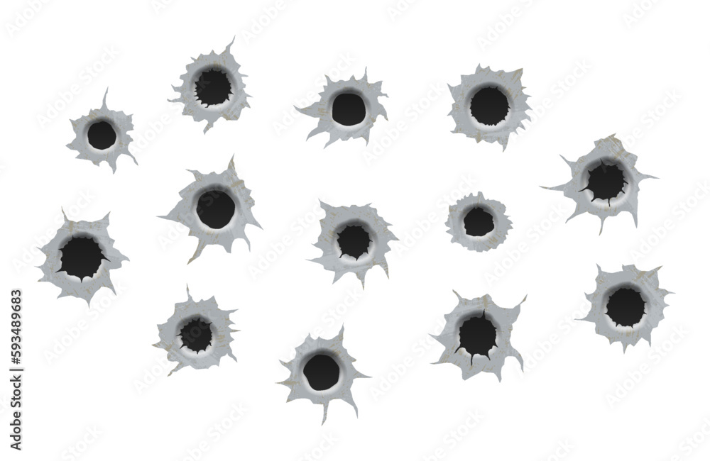 Set of bullet holes. Realisic metal single and double bullet hole ...