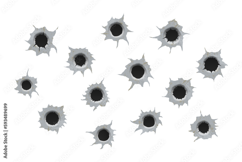 Realisic metal single and double bullet hole, damage effect. Ragged ...