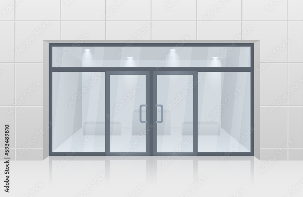 Shopping center mall entrance automatic doors with reflection and black ...