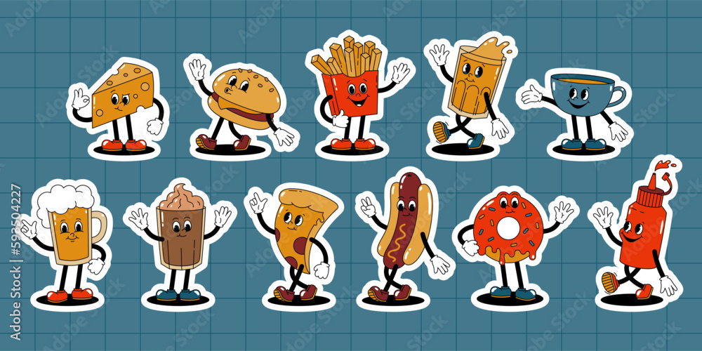 Vector set of cartoon retro mascots color illustration walking street ...