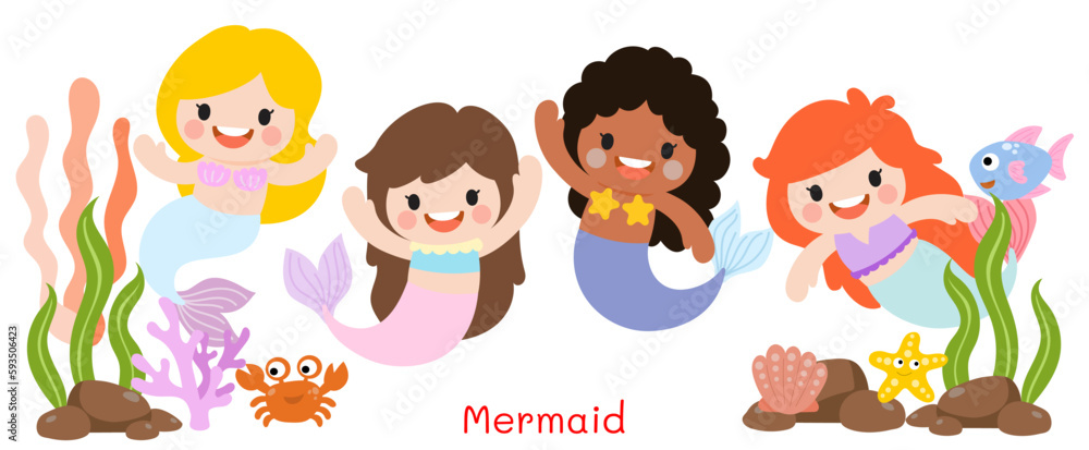 Mermaids Flat Clipart, sea animals and ocean life objects 素材庫向量圖 ...