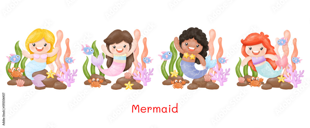 Mermaids Watercolor Clipart, sea animals and ocean life objects Stock ...
