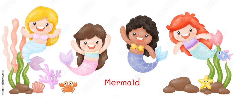 Mermaids Watercolor Clipart, sea animals and ocean life objects Stock ...