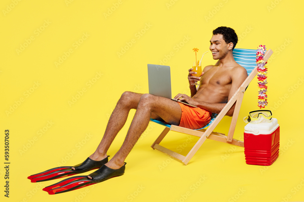 Photo Stock Full body young sexy man wears orange shorts swimsuit relax ...