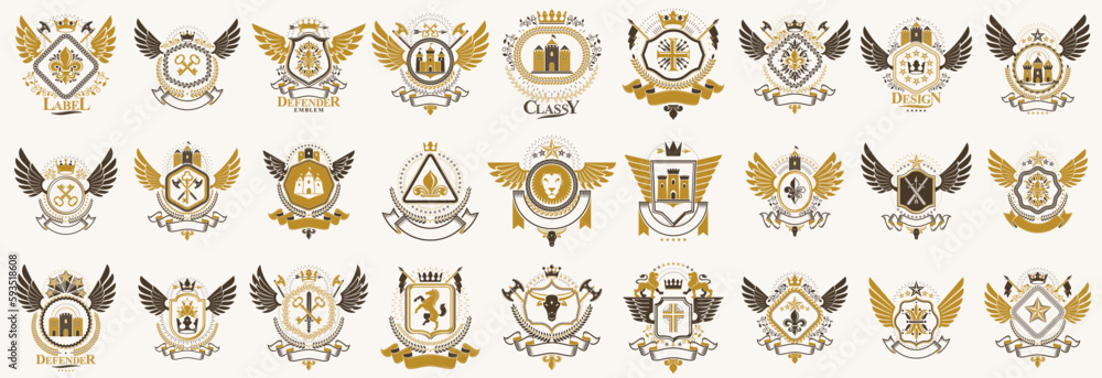 Heraldic Coat of Arms vector big set, vintage antique heraldic badges ...