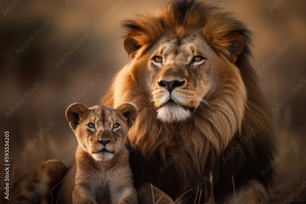 The bond between a male lion and its cub is strikingly depicted in a ...
