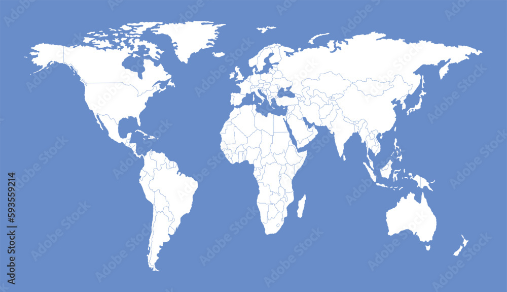 High detailed white world map with country borders isolated on blue ...