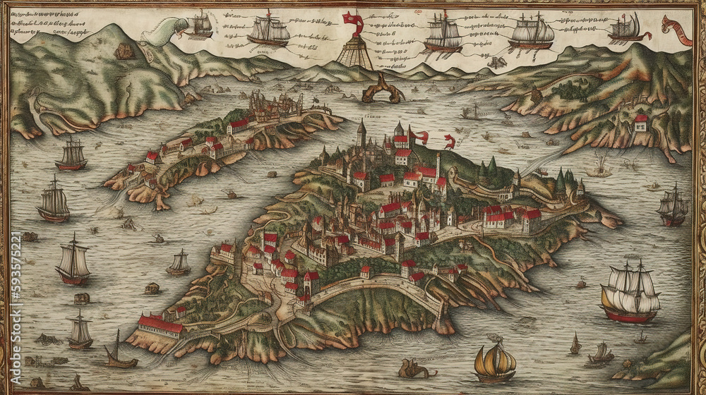 Historical map, treasure map, pirate map with pirate ships, islands and ...