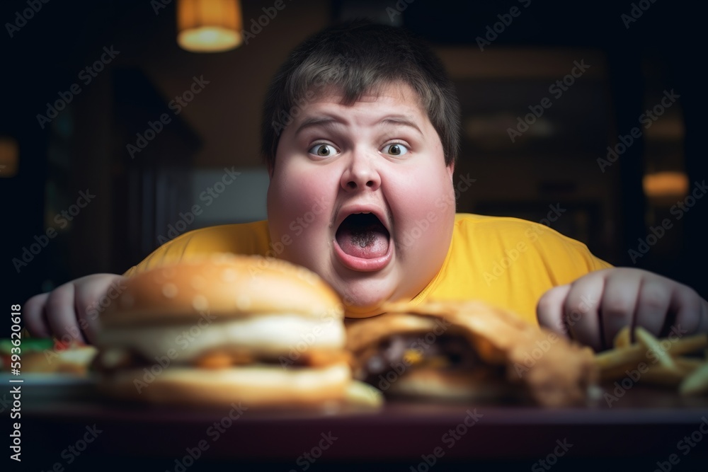 Exaggerated presentation of a greedy fat boy eating fast food or junk ...