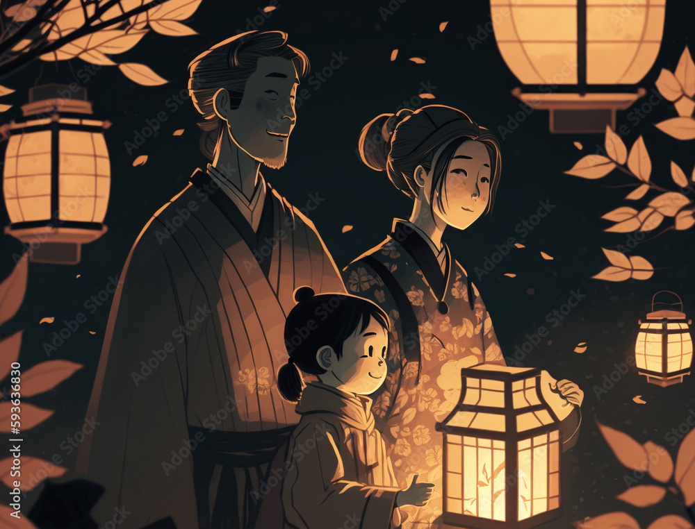 A Family Celebrating Obon in Japan, with Lanterns, Traditional Clothing ...