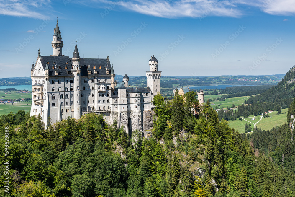 View of Neuschwanstein castle, one of the most famous and iconic ...
